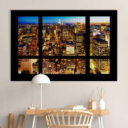 Bilderwelten Akustikbild Fensterblick New York bei Nacht