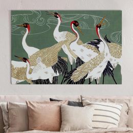 Bilderwelten Akustikbild Tiere gr&uuml;n modern Schallschutzbild - Kraniche mit goldenen Federn I - V&ouml;gel Wohnzimmer Schlafzimmer