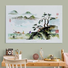 Akustikbild Japanische Aquarell Zeichnung See und Berge