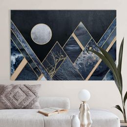Bilderwelten Akustikbild originell blau Abstrakt Aquarell - Goldener Mond abstrakte schwarze Berge - Wandbild Wohnzimmer Schlafzimmer