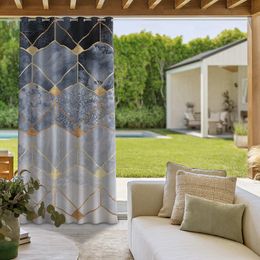 Bilderwelten Outdoor Vorhang nach Ma&szlig; blickdicht gold originell Abstrakt Aquarell - Blaue Geometrie goldenes Art Deco - Geometrisch Balkon Pergola