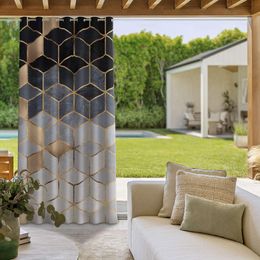 Outdoor Vorhang nach Ma&szlig; blickdicht - Blau Wei&szlig; goldene Geometrie - gold originell Abstrakt Aquarell Geometrisch Balkon Pergola