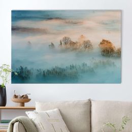 Bilderwelten Akustikbild Wald beige Motiv Schallschutzbild - Nebel bei Sonnenaufgang - B&auml;ume Wohnzimmer Schlafzimmer