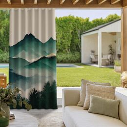 Outdoor Vorhang nach Ma&szlig; blickdicht - Aquarellierte Berglandschaft - gr&uuml;n Sonnenschutz Illustration Aquarell wetterfest Balkon Pergola