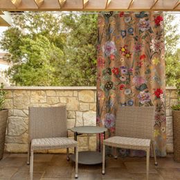 Outdoor Vorhang nach Ma&szlig; blickdicht - Wildblumenmuster - braun Blumen Vintage mit &Ouml;sen Blumenwiese Balkon Pergola
