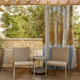 Bilderwelten Outdoor Vorhang nach Ma&szlig; blickdicht gold Wald modern mit &Ouml;sen - Birken am Seeufer - B&auml;ume Balkon Pergola