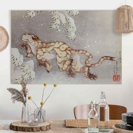 Bilderwelten Akustikbild Tiere beige modern Schallschutzbild - Katsushika Hokusai - Tiger in Schneesturm - Tiger Wohnzimmer Schlafzimmer