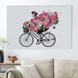 Bilderwelten Akustikbild Blumen rosa modern Schallschutzbild - Illustration Frau auf Fahrrad Collage bunte Blumen - Fahrrad Jugendzimmer