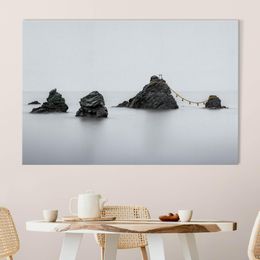 Bilderwelten Akustikbild Natur schwarz weiss Motiv Schallschutzbild - Meoto Iwa - die verheirateten Felsen - Asia Wohnzimmer Schlafzimmer