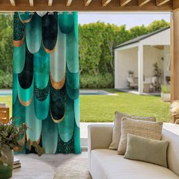 Bilderwelten Outdoor Vorhang nach Ma&szlig; blickdicht t&uuml;rkis originell Abstrakt Aquarell - Federn Gold T&uuml;rkis - Geometrisch Balkon Pergola