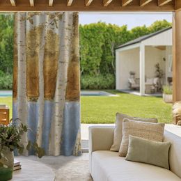 Outdoor Vorhang nach Ma&szlig; blickdicht - Birken am Seeufer - gold Wald modern mit &Ouml;sen B&auml;ume Balkon Pergola
