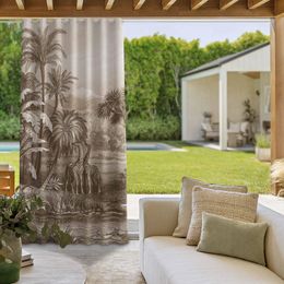 Outdoor Vorhang nach Ma&szlig; blickdicht - Tropischer Kupferstich mit Giraffen in Braun - beige Wald Vintage mit &Ouml;sen Pflanzen Balkon Pergola