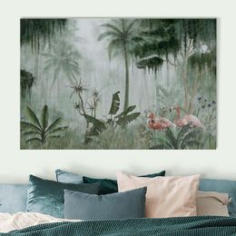 Bilderwelten Akustikbild Wald gr&uuml;n Tropisch Schallschutzbild - Flamingos im Dschungel - B&auml;ume Wohnzimmer Schlafzimmer