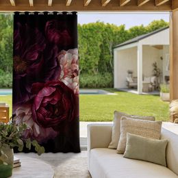 Outdoor Vorhang nach Ma&szlig; blickdicht - Dunkle purpurne Bl&uuml;ten - violett Blumen Illustration mit &Ouml;sen wetterfest Balkon Pergola