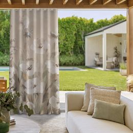 Outdoor Vorhang nach Ma&szlig; blickdicht - Wei&szlig;e sommerliche Blumen - beige Blumen Abstrakt mit &Ouml;sen wetterfest Balkon Pergola