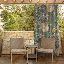Outdoor Vorhang nach Ma&szlig; blickdicht - Gro&szlig;e Bl&auml;tter mit Rosen vor Gr&uuml;n - gr&uuml;n Sonnenschutz Tropisch Aquarell Pflanzen Balkon Pergola