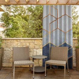 Bilderwelten Outdoor Vorhang nach Ma&szlig; blickdicht blau originell Abstrakt Aquarell - Goldene Sechsecke Blau Wei&szlig; - Geometrisch Balkon Pergola