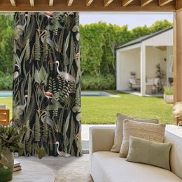 Outdoor Vorhang nach Ma&szlig; blickdicht - Flamingos und St&ouml;rche mit Pflanzen auf Gr&uuml;n - gr&uuml;n Tiere Tropisch Aquarell Pflanzen Balkon Pergola