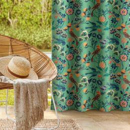 Bilderwelten Outdoor Vorhang nach Ma&szlig; blickdicht t&uuml;rkis Blumen Illustration mit &Ouml;sen - Indisches Muster V&ouml;gel mit Blumen T&uuml;rkis - Indien Balkon Pergola