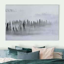 Bilderwelten Akustikbild Wald schwarz weiss Motiv Schallschutzbild - Nebel im Tannenwald Schwarz-Wei&szlig; - B&auml;ume Wohnzimmer Schlafzimmer