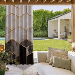 Bilderwelten Outdoor Vorhang nach Ma&szlig; blickdicht schwarz weiss originell Abstrakt Aquarell - Goldene Sechsecke Schwarz Wei&szlig; - Geometrisch Balkon Pergola