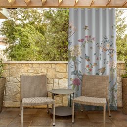 Outdoor Vorhang nach Ma&szlig; blickdicht - Illustrierte Blumen Chinoiserie auf Hellblau - blau Blumen Illustration mit &Ouml;sen Schmetterlinge Balkon Pergola