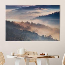 Bilderwelten Akustikbild Wald beige Motiv Schallschutzbild - Nebel bei Sonnenuntergang - B&auml;ume Wohnzimmer Schlafzimmer