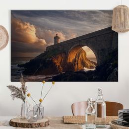 Bilderwelten Akustikbild Strand orange Motiv Schallschutzbild - Leuchtturm an der Br&uuml;cke - Himmel Wohnzimmer Schlafzimmer