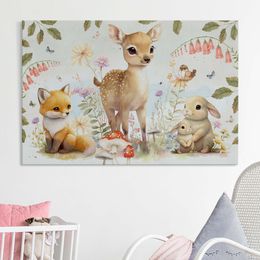 Bilderwelten Akustikbild Fuchs Rehkitz und Hase auf Blumenwiese - Kinderzimmer Babyzimmer - M&auml;dchen Jungen Baby Kind - Schallschutzbild XXL