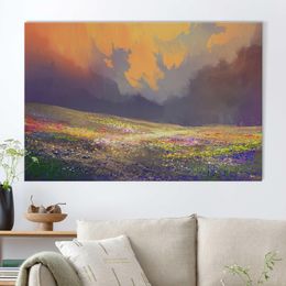 Bilderwelten Akustikbild Blumen bunt Illustration Schallschutzbild - Gemalte Anime Landschaft - Blumenwiese Kinderzimmer Baby M&auml;dchen Jungen