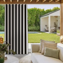 Outdoor Vorhang nach Ma&szlig; blickdicht - L&auml;ngsstreifen in Tiefschwarz - schwarz weiss Sonnenschutz modern mit &Ouml;sen Streifen Balkon Pergola