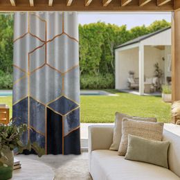 Outdoor Vorhang nach Ma&szlig; blickdicht - Goldene Sechsecke Blau Wei&szlig; - blau originell Abstrakt Aquarell Geometrisch Balkon Pergola