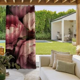 Bilderwelten Outdoor Vorhang nach Ma&szlig; blickdicht rosa Blumen Landhaus mit &Ouml;sen - Pfingstrosen vor Schwarz Shabby - Rose Balkon Pergola