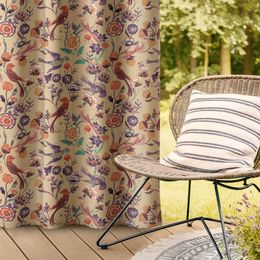 Bilderwelten Outdoor Vorhang nach Ma&szlig; blickdicht beige Blumen Illustration mit &Ouml;sen - Indisches Muster V&ouml;gel mit Blumen Beige - Indien Balkon Pergola