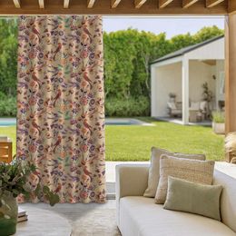 Outdoor Vorhang nach Ma&szlig; blickdicht - Indisches Muster V&ouml;gel mit Blumen Beige - beige Blumen Illustration mit &Ouml;sen Indien Balkon Pergola