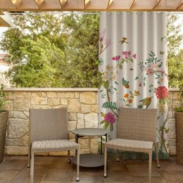 Outdoor Vorhang nach Ma&szlig; blickdicht - Illustrierte Blumen Chinoiserie auf Gelb - bunt Blumen Illustration mit &Ouml;sen Schmetterlinge Balkon Pergola