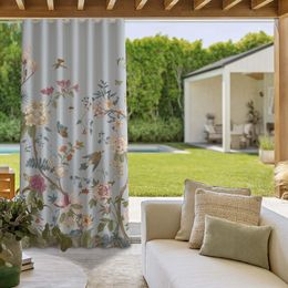 Bilderwelten Outdoor Vorhang nach Ma&szlig; blickdicht blau Blumen Illustration mit &Ouml;sen - Illustrierte Blumen Chinoiserie auf Hellblau - Schmetterlinge Balkon Pergola