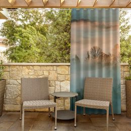 Outdoor Vorhang nach Ma&szlig; blickdicht - Nebel bei Sonnenaufgang - beige Wald Motiv mit &Ouml;sen B&auml;ume Balkon Pergola
