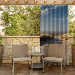 Outdoor Vorhang nach Ma&szlig; blickdicht - Ostsee Strand - beige Strand Motiv mit &Ouml;sen Himmel Balkon Pergola