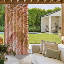 Outdoor Vorhang nach Ma&szlig; blickdicht - Palmenbl&auml;tter Rosa und Gold II - rosa originell Tropisch mit &Ouml;sen wetterfest Balkon Pergola
