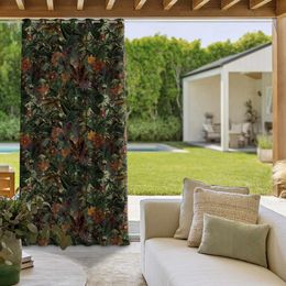 Outdoor Vorhang nach Ma&szlig; blickdicht - Dschungel Bl&auml;tter und Bl&uuml;ten in Orange und Gr&uuml;n - gr&uuml;n Blumen Tropisch mit &Ouml;sen B&auml;ume Balkon Pergola