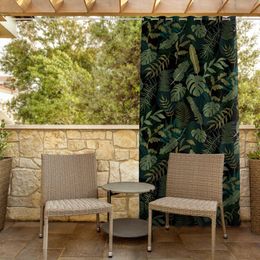 Outdoor Vorhang nach Ma&szlig; blickdicht - Dschungel Bl&auml;tter auf Schwarz - gr&uuml;n Blumen Tropisch mit &Ouml;sen B&auml;ume Balkon Pergola