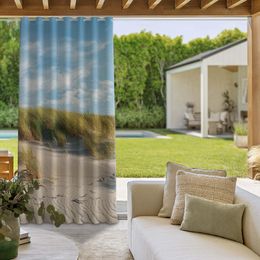 Outdoor Vorhang nach Ma&szlig; blickdicht - Leuchtturm an der Nordsee - blau Strand Motiv mit &Ouml;sen D&uuml;nen Balkon Pergola