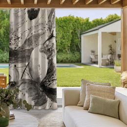 Outdoor Vorhang nach Ma&szlig; blickdicht - Abstrakte Bl&uuml;ten - schwarz weiss Blumen modern Aquarell wetterfest Balkon Pergola