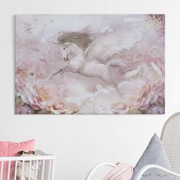 Bilderwelten Akustikbild Tiere rosa modern Schallschutzbild - Pegasus Einhorn mit Rosen - Einhorn Kinderzimmer Baby M&auml;dchen Jungen