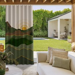Outdoor Vorhang nach Ma&szlig; blickdicht - Grafische Landschaft mit Sonne - gr&uuml;n Wald Abstrakt mit &Ouml;sen B&auml;ume Balkon Pergola