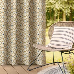 Bilderwelten Outdoor Vorhang nach Ma&szlig; blickdicht blau Sonnenschutz Orientalisch Fliesenoptik - Marokkanische Fliesen in Ocker und Blau - Geometrisch Balkon Pergola