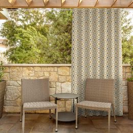 Outdoor Vorhang nach Ma&szlig; blickdicht - Marokkanische Fliesen in Ocker und Blau - blau Sonnenschutz Orientalisch Fliesenoptik Geometrisch Balkon Pergola