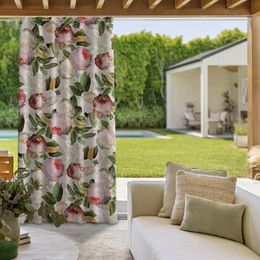 Outdoor Vorhang nach Ma&szlig; blickdicht - Pfingstrosen mit Bl&auml;ttern - rosa Blumen modern mit &Ouml;sen Rose Balkon Pergola