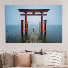 Bilderwelten Akustikbild Natur rot Motiv Schallschutzbild - Rotes Torii am Ashi-See - Asia Wohnzimmer Schlafzimmer
